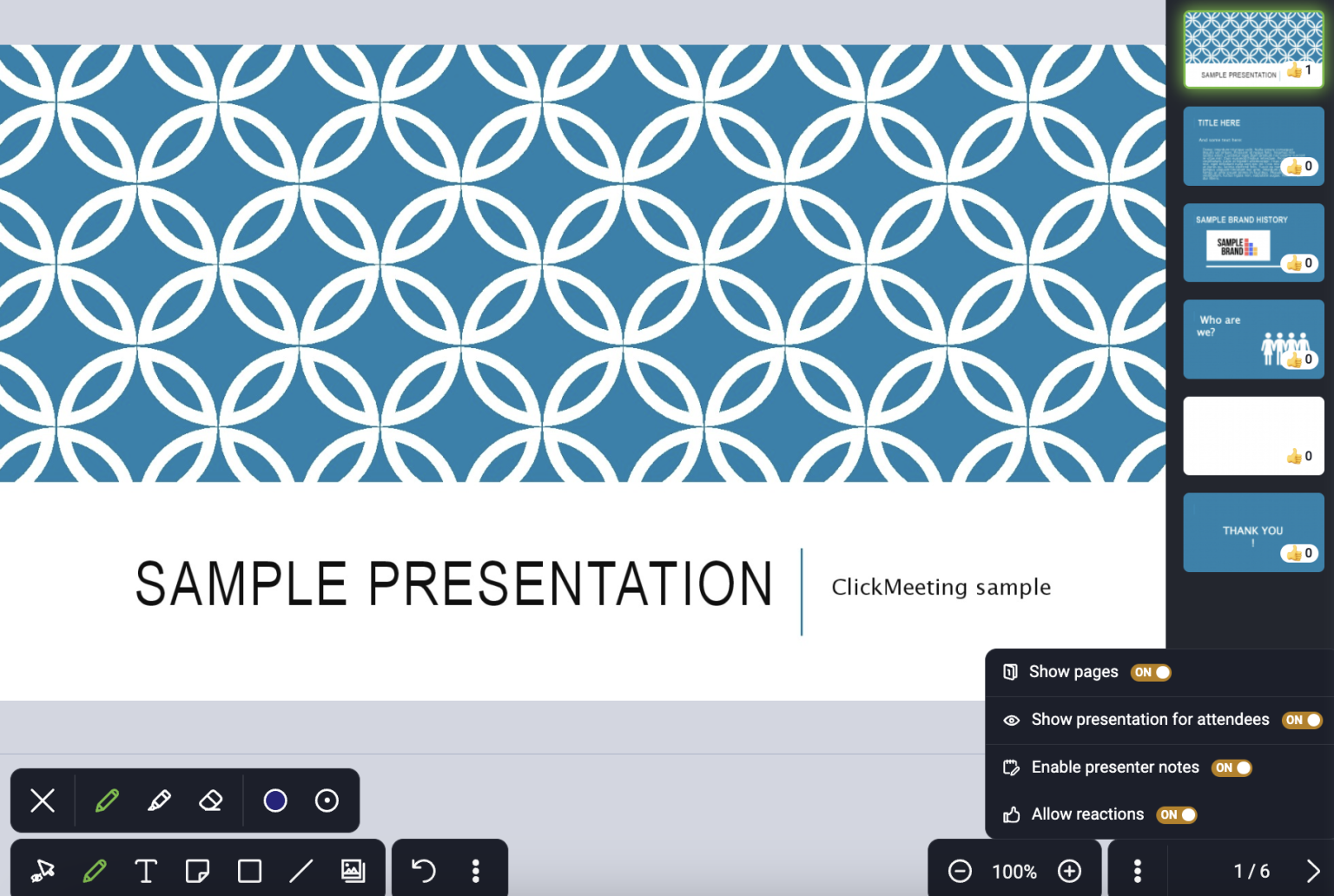 Reacting during presentations and drawing in screen sharing mode